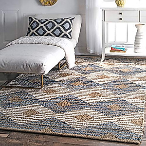 nuLOOM Hand Braided Marla Denim and Jute Diamonds Area Rug, 12' x 15', Off-White
