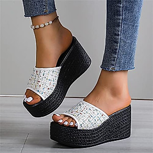 Ladies Fashion Summer Colorful Cloth Open Toe Thick Sole Slope Heel Sandals Womens Platform Sandal (White, 8)