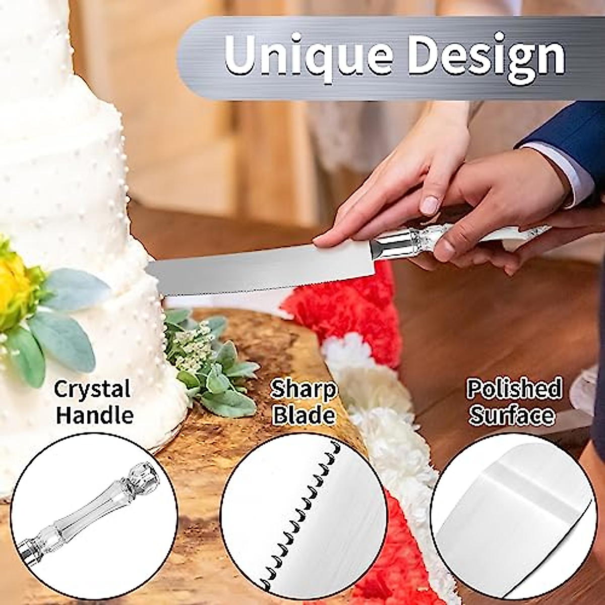 Cake Knife and Server Set - 2 Pcs Cake Cutting Set for Wedding with Stainless Steel Blades, Wedding Cake Knife with Acrylic Faux Crystal Handles, Perfect for Wedding Cake and Birthdays (Silver)