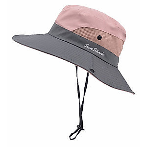 Women's Ponytail Safari Sun Hat Mesh Wide Brim UV Protection Outdoor Bucket Hat Foldable Beach Summer Fishing Hat 1pack-Pink