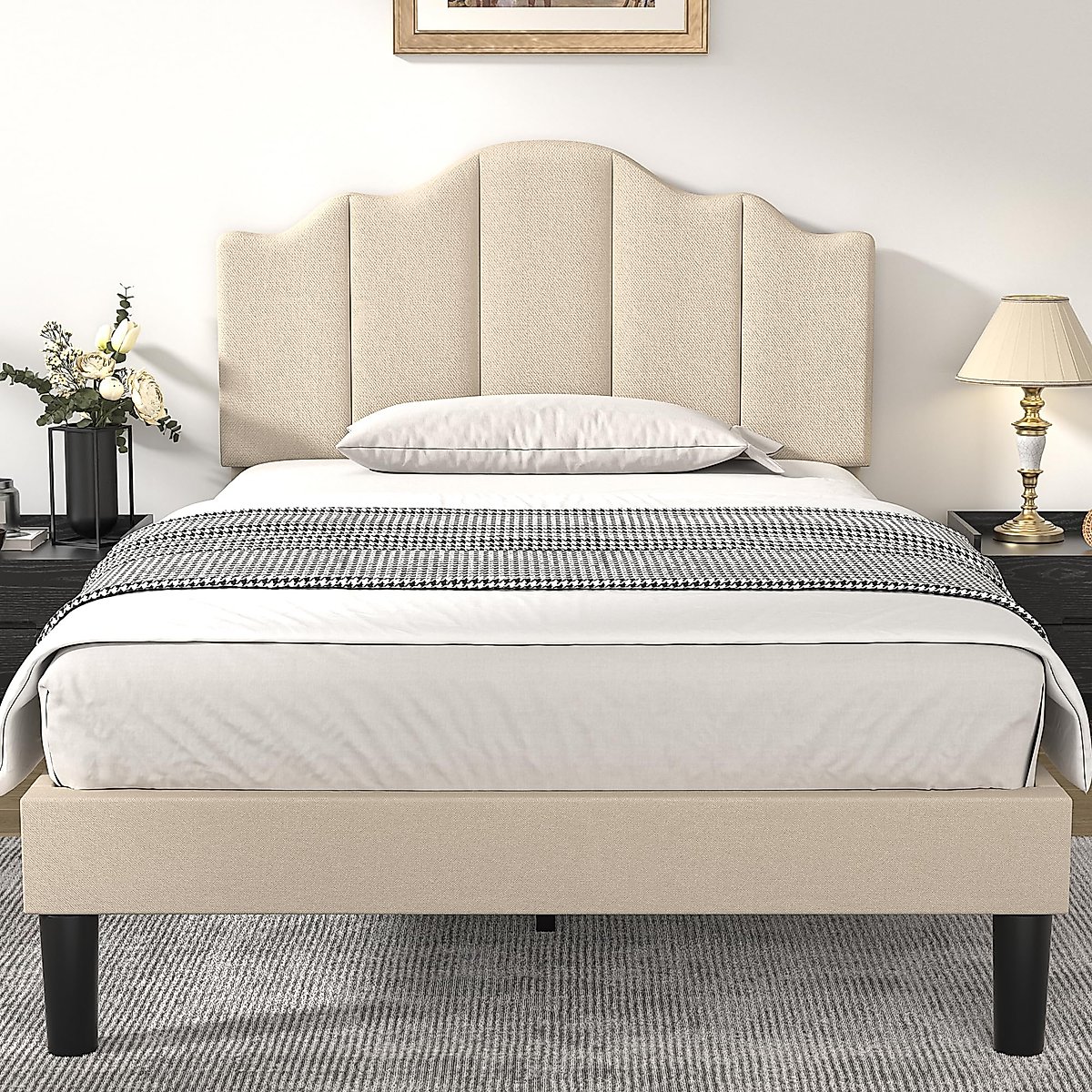 VECELO Twin Size Upholstered Platform Bed Frame with Adjustable Headboard, Wood Slat Support and Noise-Free, No Box Spring Needed, Easy Assembly, Pale Beige
