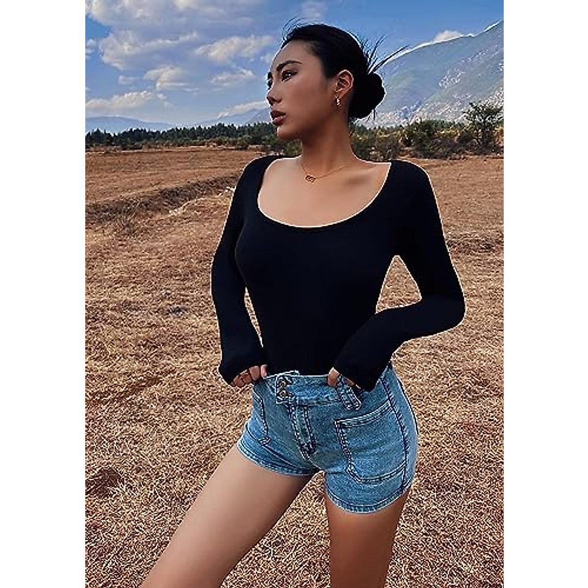 Chongbaijia 3 Piece Women's Square Neck Long Sleeve Bodysuit T shirts Body Suit Tops