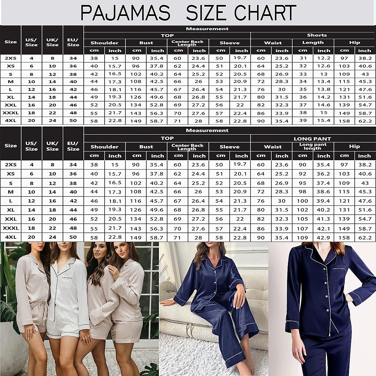WJing Yi Jia 5Pcs XS-XXL Womens Silk Satin Pajamas Sets Long Pj Sets Button Down Pjs Set Loungewear Sleepwear
