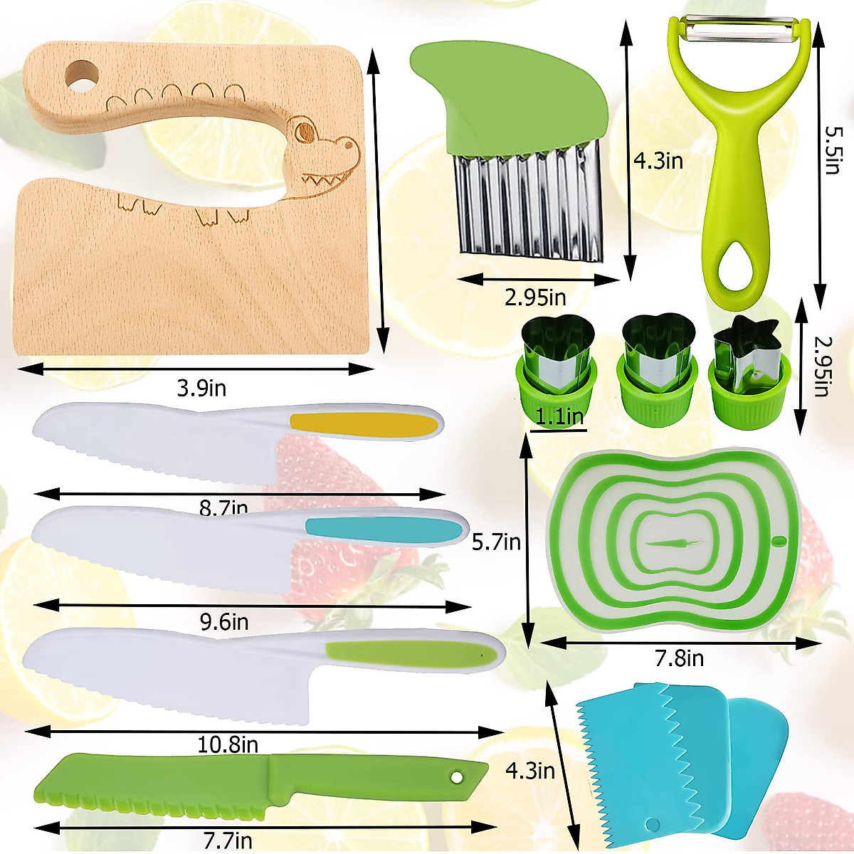 14 PCS Wooden Kids Kitchen Safe Knife Set with Wood Kids Knife, Plastic Potato Slicers, Serrated Edges Plastic Toddler Knife, Cake Scraper, Crinkle Cutter, Cutting Board, Kids Safe Knife for Children