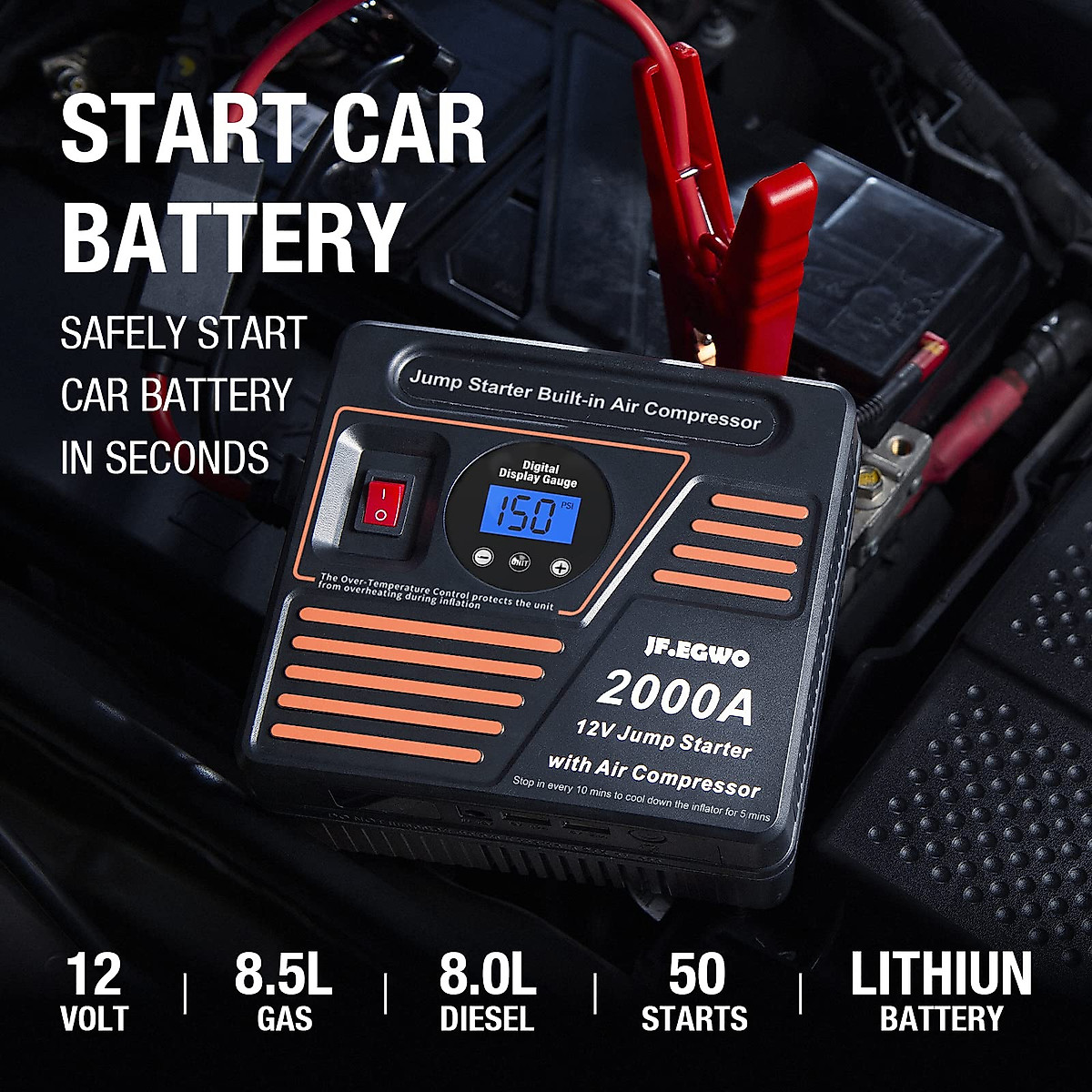 JF.EGWO 2000A Car Jump Starter with Air Compressor, 22000mAh Battery Booster (Up to 8.5L Gas or 8.0L Diesel Engine) &150 PSI Tire Inflator, Built-in 2 USB Ports and 2 LED Light
