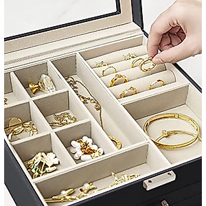 MTGOCHA Jewelry Box for Men Women, 3 Layers Glass Lid Jewelry Organizer with 2 Drawers Large Jewelry Storage Box for Rings Earrings Necklace Bracelets Jewelry Display Case for Women Mens,Black