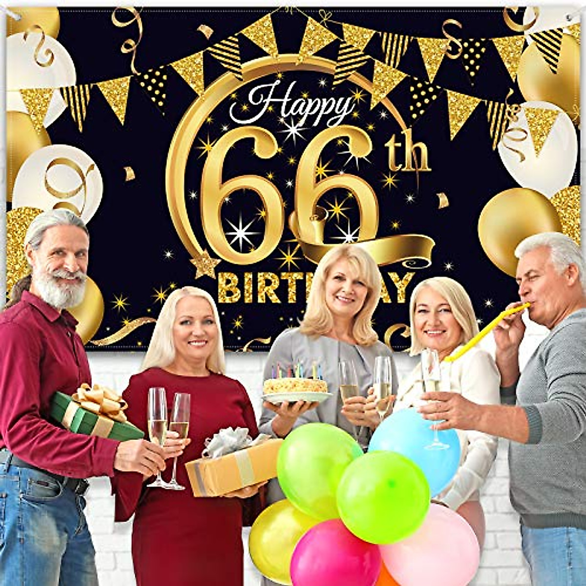 66th Birthday Party Decoration, Extra Large Fabric Black Gold Sign Poster for 66th Anniversary Photo Booth Backdrop Background Banner, 66th Birthday Party Supplies, 72.8 x 43.3 Inch