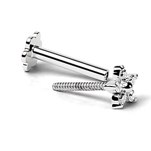 Demira Jewels Natural Diamond 14K White Gold 5-Stone Natural Diamond Flower Nose Pin, Lip Labret, Monroe Ring, Stud, Screw - 8mm Long, 16 Gauge