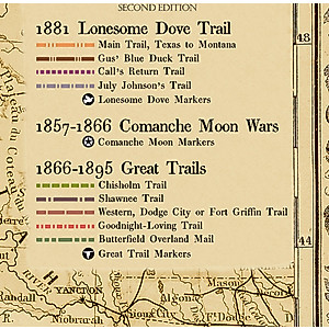 1881 Lonesome Dove/Comanche Moon Wars & Great Cattle Trails Map 2nd Ed. 26"W x 34" H