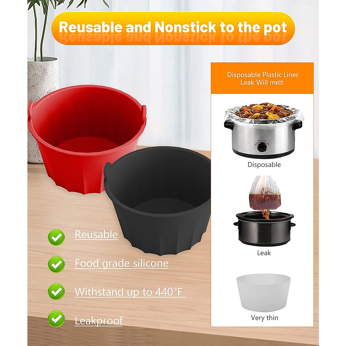 Slow Cooker Liners, 2pcs Reusable Round Cooking Liner Leak-proof Silicone Slow Cooker Liner fit 5-6 Quart Oval Slow Cooker