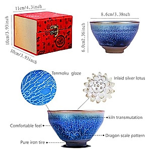 CmengAo Beautiful Jianzhan Tea Cup, 3d Silver Lotus Inlaid Ceramic Tea Cup Handmade Fancy Glaze Tenmoku Cup Chinese Kungfu Tea Cup (DragonScale)