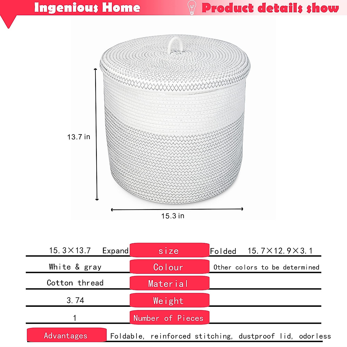 Ingenious Home –basket with lid, woven baskets for storage, nursery hamper with lid, for room living room decorative storage， multi-Purpose lidded basket( Gray line 16D x 14H inch)