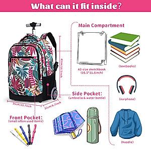 2022 Rolling Backpack for Kids Adults, 18" Waterproof Backpack with Wheels for Girls Boys, Roller Bookbags for School Travel, Age 7+, White Flower