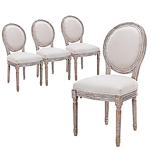 COLAMY French Country Dining Chairs Set of 4, Upholstered Farmhouse Dining Room Chairs with Round Back, Solid Wood Legs, Accent Side Chairs for Kitchen/Living Room/Bedroom- Beige