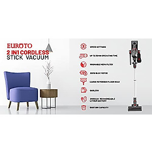 EUROTO Cordless Vacuum Cleaner, Water Tank&Mop, 2-in-1 Powerful Stick Vacuum - 300W 24KPa, 35min Runtime Lightweight Vacuum Cleaners - Telescopic Tube and Detachable Battery Handheld Vacuum