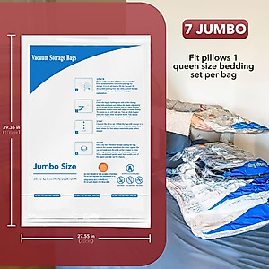 Vacuum Storage Bags 7 Jumbo, Space Saver Sealer Bags with Travel Hand Pump, Airtight Compression Bags for Clothes, Pillows, Comforters, Blankets, Bedding