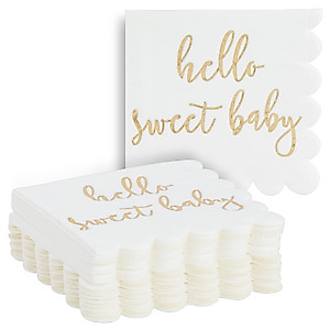 Juvale 50 Pack White Scalloped Baby Shower Napkins for Girls and Boys, Gold Foil Hello Sweet Baby Decorations (5 x 5 In)