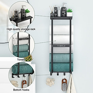 Towel Racks for Bathroom, Black Towel Rack Wall Mounted, Towel Holder for Bathroom Wall, Bath Towel Shelf with Hooks,Stainless Steel Towel Organizer，Bathroom Towel Storage for Rolled Towels.