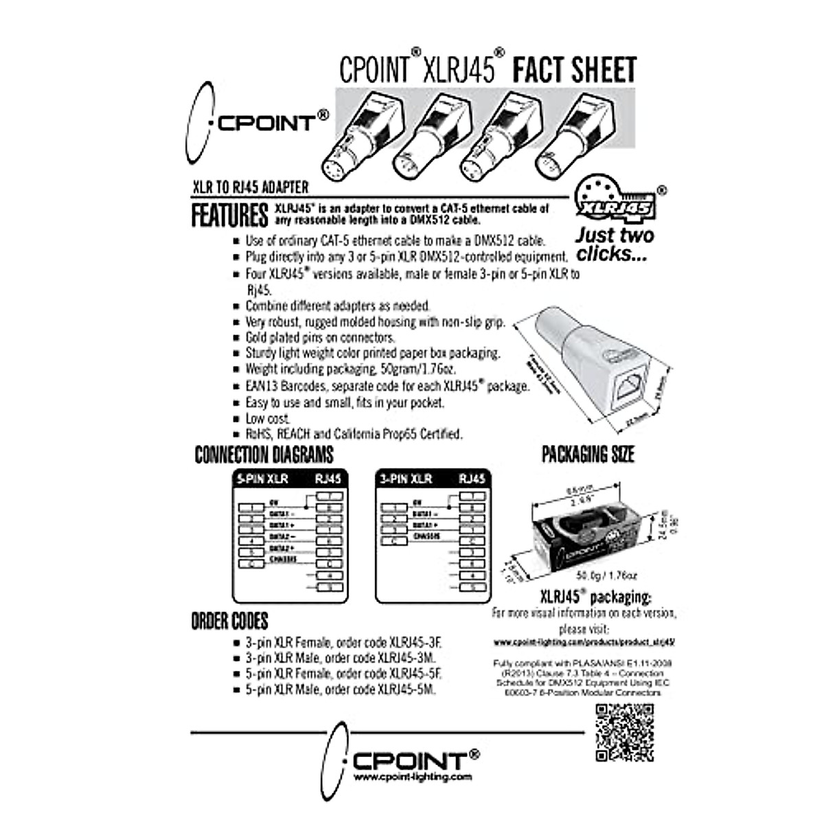 SIRS-E 2-Pack - CPoint XLR RJ45 Adapter CAT-5 Ethernet to DMX512 Cable Converter, Male 3-Pin, XLRJ45-3M