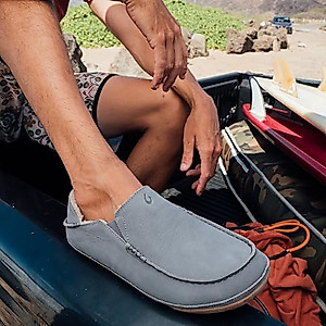 OLUKAI Kipuka Hulu Men's Leather Slippers, Premium Nubuck Leather Slip On Shoes, Shearling Lining & Gel Insert, Drop-In Heel Design, Charcoal/Charcoal, 11