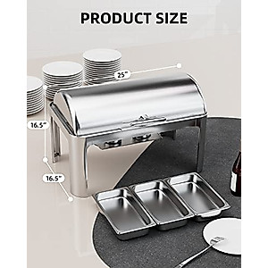 Halamine Roll Top Chafing Dish Buffet Set, 9 Qt Stainless Steel Catering Chafer Server with 3 1/3 Size Pans Rectangle Catering Warmer Server for Wedding, Parties, Banquet, Catering Events, Graduation