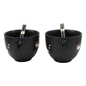 Ebros Pack Of 2 Ceramic Flying White Moon Rabbit Hare Ramen Udong Noodles Black Bowls and Chopsticks For Asian Dining Soup Rice Pasta Salad Collection of Bowl Decor Home Kitchen