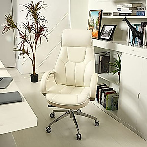 HUAUR High-Back Ergonomic Executive Chair-PU Leather Desk Chair,with Breathable Cushion and Lumbar Support,Wide Armrest and Aluminum Alloy Foot,360lb Capacity Swivel Home Office Chair (Beige)