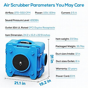 CADPXS Shield-550 Negative Machine Airbourne Cleaner HEPA Scrubber Water Damage Restoration Equipment Air Purifier, Air Scrubbers
