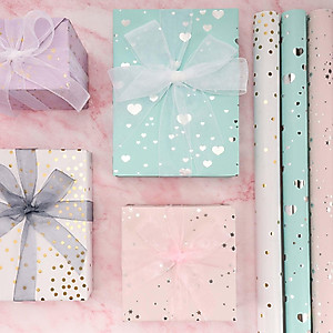 LaRibbons Wrapping Paper Roll - Hearts/Polka Dots/Stars (2 Kinds) Design for Birthday, Mother Day, Valentine's Day, Wedding, Baby Shower - 4 Rolls - 30 inch X 120 inch Per Roll