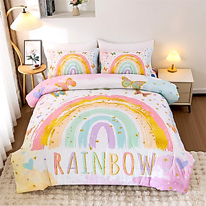 NTBED Rainbow Comforter Set with Sheets,5 Pieces Butterfly Bed in a Bag Twin Size for Girls, Lightweight Microfiber Kids Bedding Sets