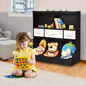 HONEY JOY Kids Toy Storage Organizer with Bookcase, 8-Cubby Organization Storage Cabinet w/Display Shelf & 3 Removable Fabric Bins, Wooden Toy Storage Unit for Playroom, Nursery Daycare(Espresso)