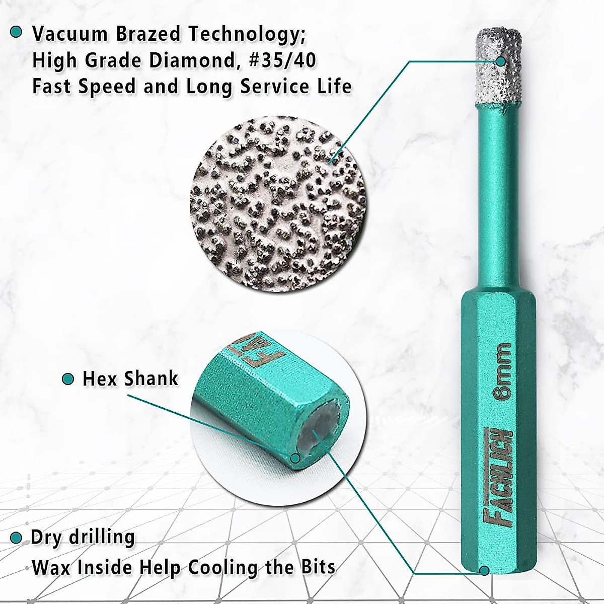 FACHLICH Porcelain Tile Drill bits 6/6/8/10/12mm Diamond Drill Bits Set with Hex Shank for Granite Marble Tile Porcelain Ceramic