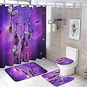 EEncantoo 4 Piece Dreamcatcher Butterflies Purple Art Shaggy Rugs + Contour Mat & Lid Cover Rubber Backing + Quick Dry Shower Stall Curtain for Dorm Room, Tub and Shower