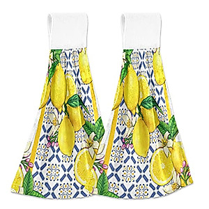 BOENLE Lemon Kitchen Hand Towels Set of 2 Yellow Mediterranean Tile Hanging Tea Towel Bathroom Soft Absorbent Coral Fleece Dish Wash Cloth Decorative