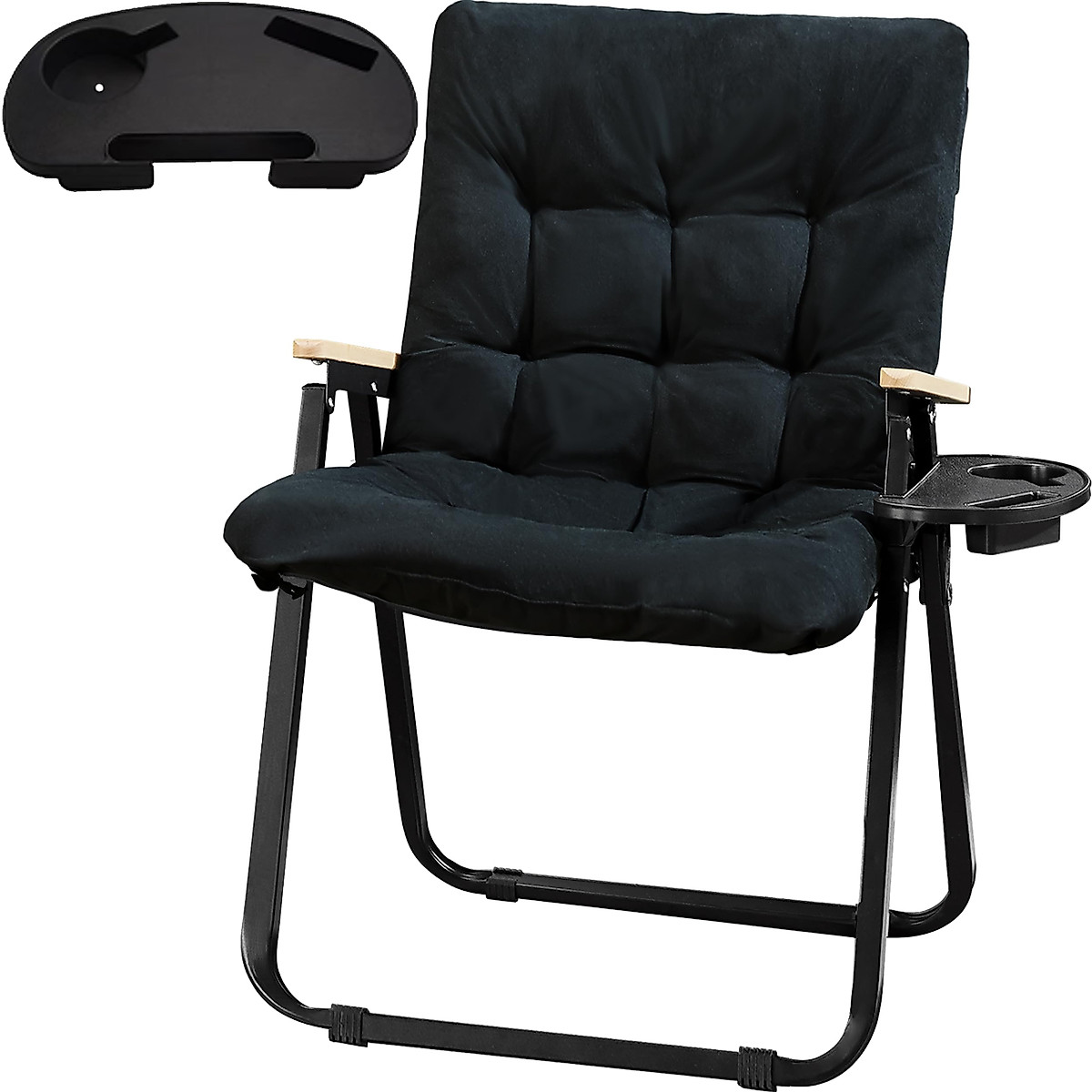 Folding Camping Chair with Detachable Cushion and Cup Holder, Lawn Chair with Arm Rest, Heavy Duty Portable Camping Chair for Adults, Outdoor Chair for Camping, Lawn, Patio, Beach and Fishing, Black