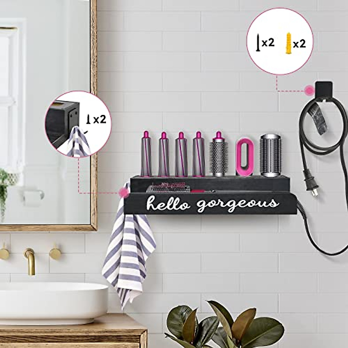 Wood & Metal Storage Holder for Dyson Airwrap, Curling Iron Holder for Dyson Airwrap, Dyson Airwrap Holder Wall Mount, Dyson Hair Dryer Holder Hair Tool Organizer for Dyson Airwrap Styler Accessories