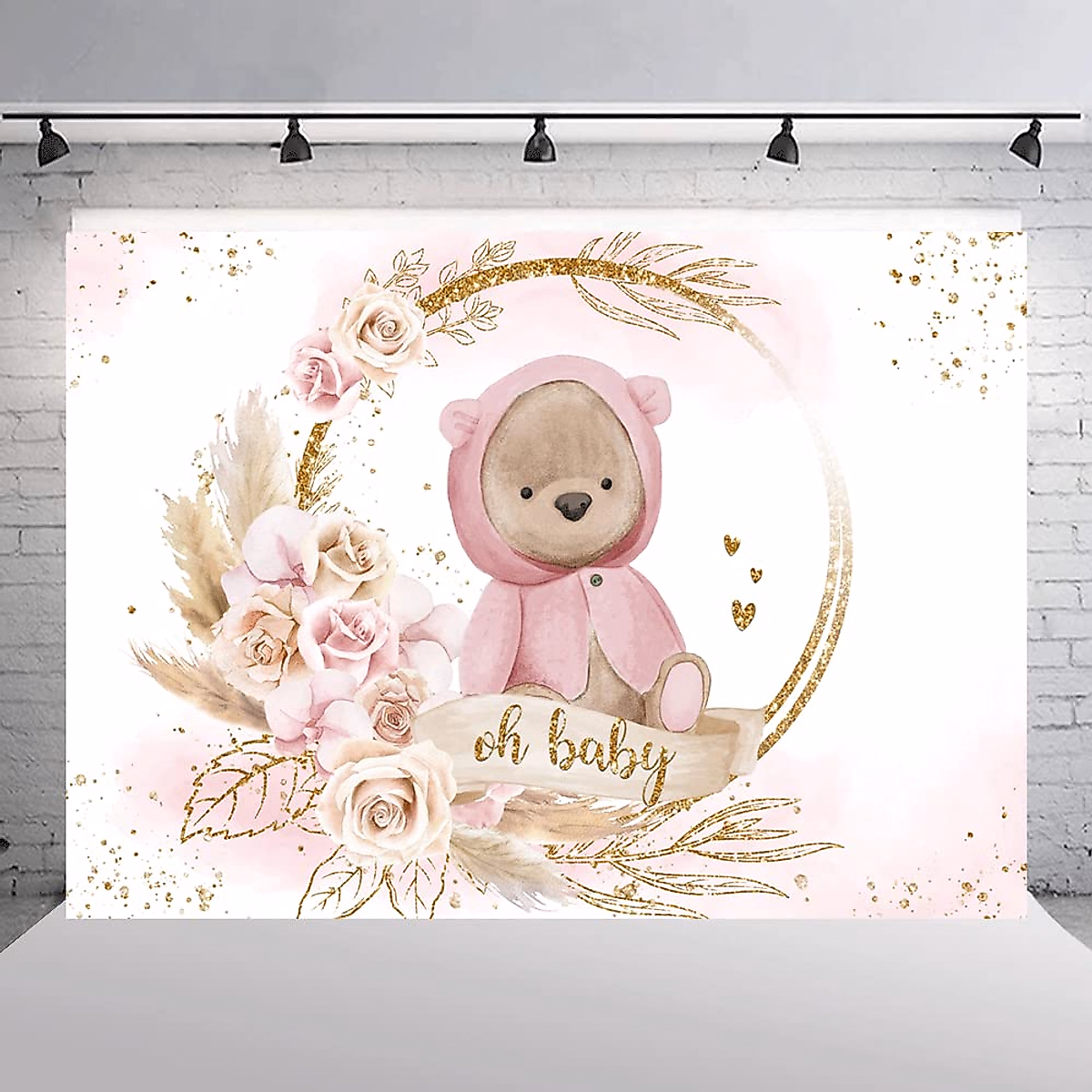 7X5FT Oh Baby Backdrop for Sweet Girl with Pink Bear Boho Rose Flower Background Baby Shower Gold Spots Photography It's a Girl Party Decorations Pink Pampas Grass Banner Photo Booth Props
