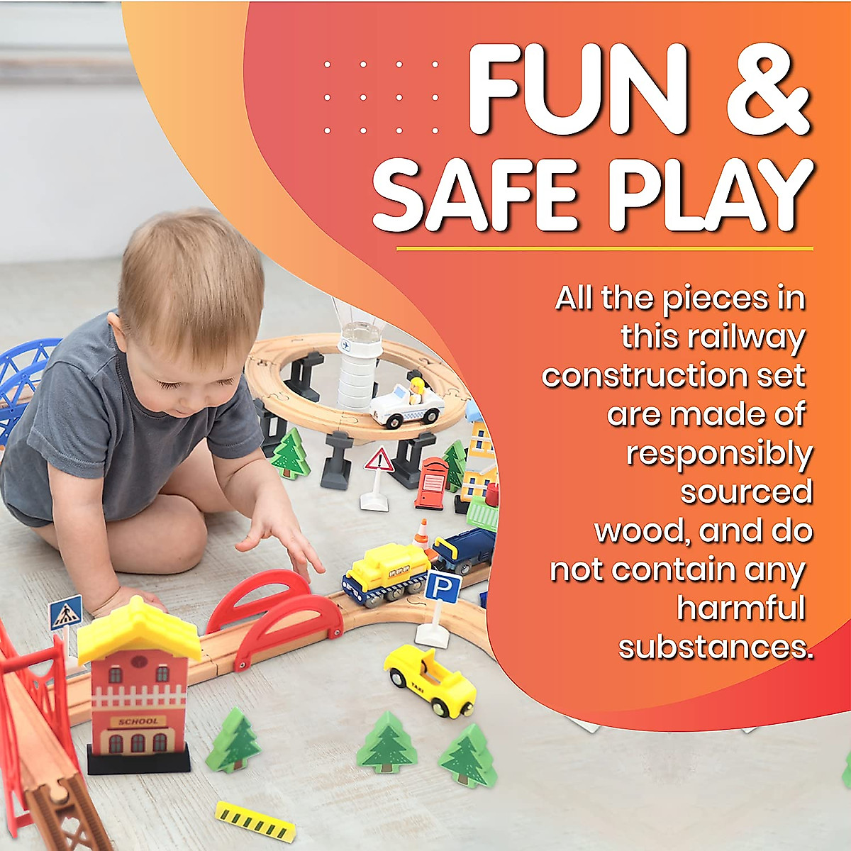 Leo & Friends 100 Piece Railway City Track Set - Educational Wooden Toy Construction Kit for Preschoolers Aged 3 Years and Above - Train Toy for Active Learning Multicolor