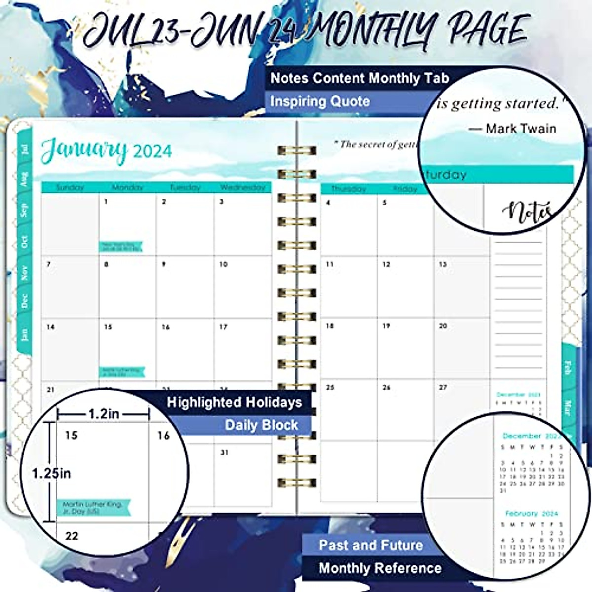 2023-2024 Planner - Academic Planner 2023-2024, July 2023 to June 2024, Weekly and Monthly Planner 2023-2024, 8.4" x 6.3", Hardcover with Back Pocket + Thick Paper + Twin-Wire Binding - Waterink