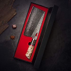 FZIZUO Damascus Kitchen Chinese Cleaver,7.5in Professional Handmade Chopping Chopper Knives with Burl Stabilized Wood Handle for Meat and Vegetable in Home&Restaurant