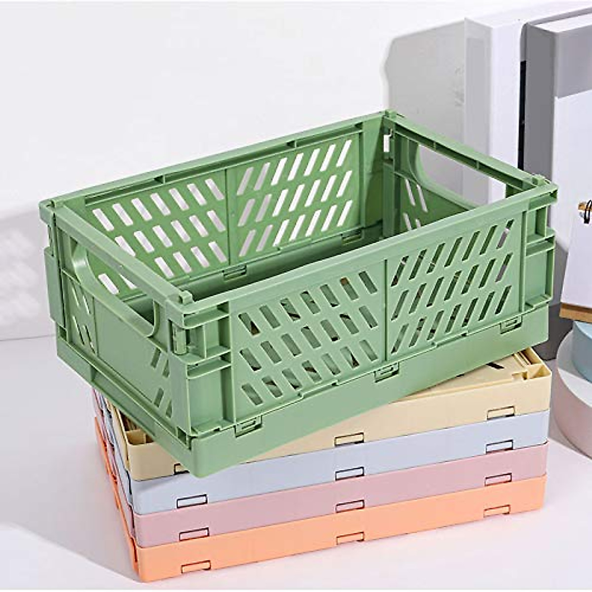Hefddehy Collapsible Crate Plastic Folding Storage Box Basket Utility Cosmetic Container Pink