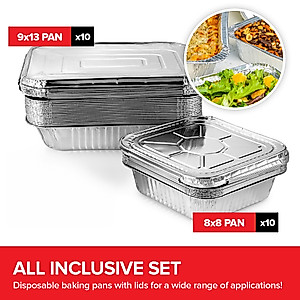 Disposable Foil Pans with Lids (Set of 20) Heavy Duty Aluminum Pans with Lids 9x13 (x10), 8x8 (x10) Baking Tins with Covers for Cooking, Heating, Storing, Food Prep, Holiday Dinner Meals