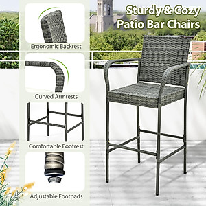 Tangkula Patio Wicker Barstools Set of 4, Outdoor PE Rattan Bar Chairs with Armrests & Soft Cushions, Stable Metal Frame, 400 lbs Max Load, Mix Brown PE Wicker Bar Chairs for Porch (2, Mix Gray)