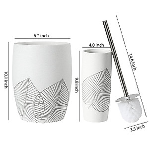 Set of 2 Elegant Leaf Design Hight Quality Polyresin Wastebasket Garbage Receptacle Bin and Brush/Holder for Bathrooms, Powder Rooms, Kitchens, Home Offices White