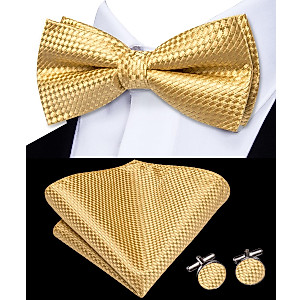 Dubulle Mens Pre-tied Bowtie and Pocket Square Set Paisley/Striped/Checks Bowties for Men,Gold Checks