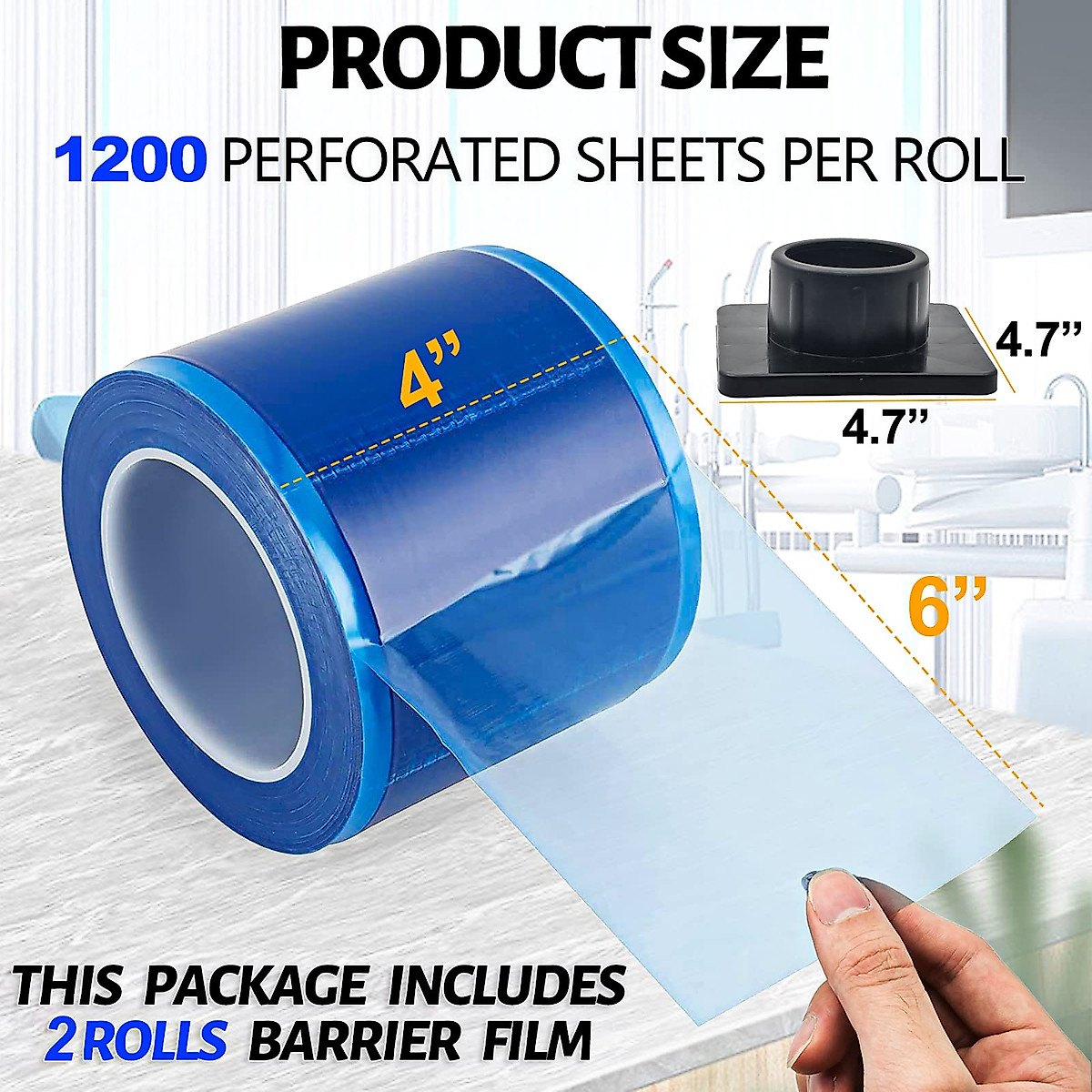 2 Rolls Barrier Film Tattoo Barrier Tape with Dispenser Box, 4" x 6" Dental Plastic Sheets Perforated Protective Pe Film Disposable -1 Roll of 1200 Sheets - Blue