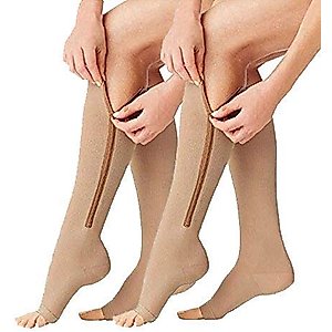2 Pairs Compression Socks Toe Open Leg Support Stocking Knee High Socks with Zipper (Nude, L/XL) …