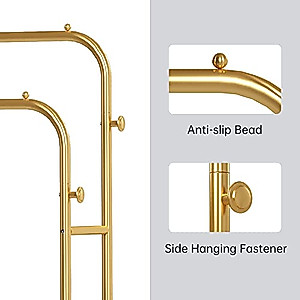JOISCOPE Double Rods Portable Garment Rack for Hanging clothes, 43.5 * 60.6 Inch Metal Clothing Rack with Bottom Shelves and 4 Hooks,Freestanding Clothes Rack for Bedroom,Space Saving, Gold