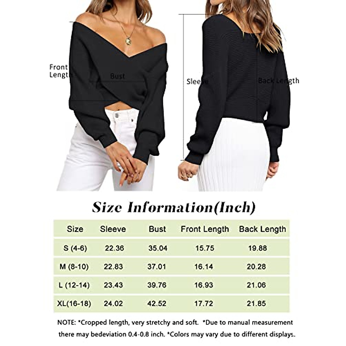 ZCSIA Women's Wrap V Neck Cropped Sweaters 2023 Fall Long Sleeve Cross Front Off Shoulder Solid Knitted Pullover Tops,Black,XLarge