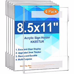 KKEETUR Acrylic Sign Holder 8.5 X 11 Wall Mount, 6 Pack Plexiglass Clear Wall Sign Holder, Premium Frame Plastic Door Sign Holders with 12 Pcs Double Sided Tape Adhesive (No Drilling)